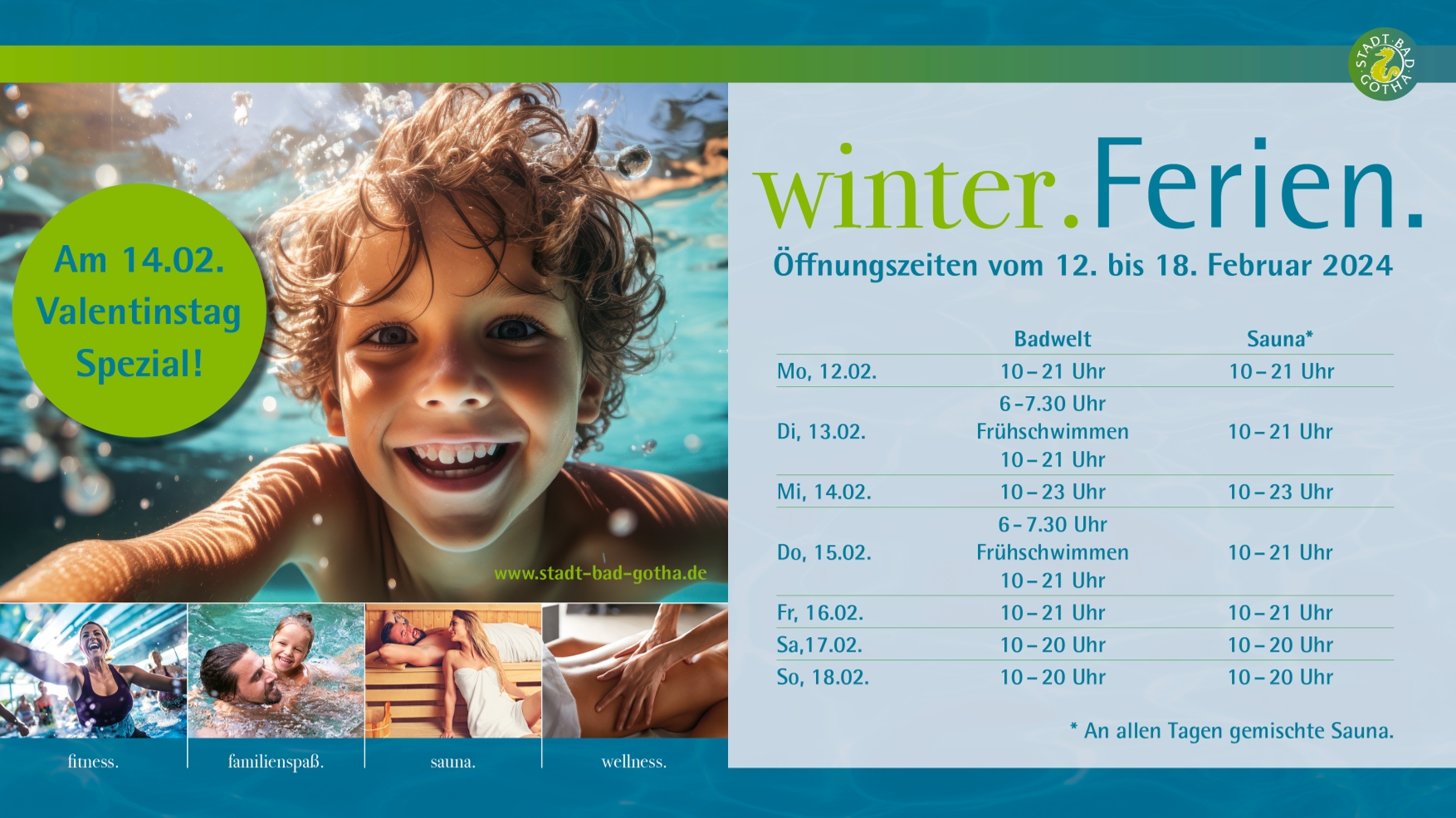 Öffnungszeiten für Bade- und Saunawelt